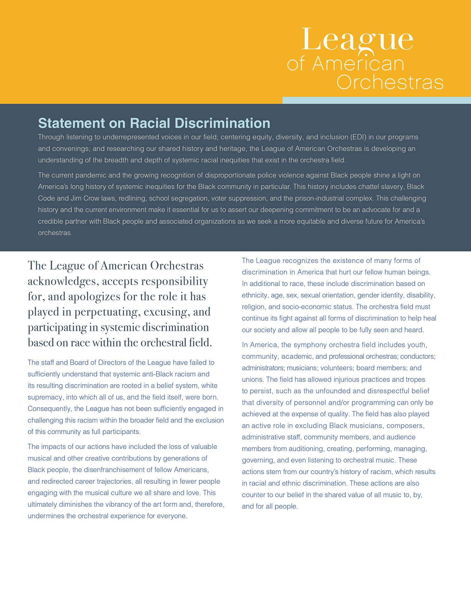 Statement on Racial Discrimination – August 2020 - americanorchestras.org
